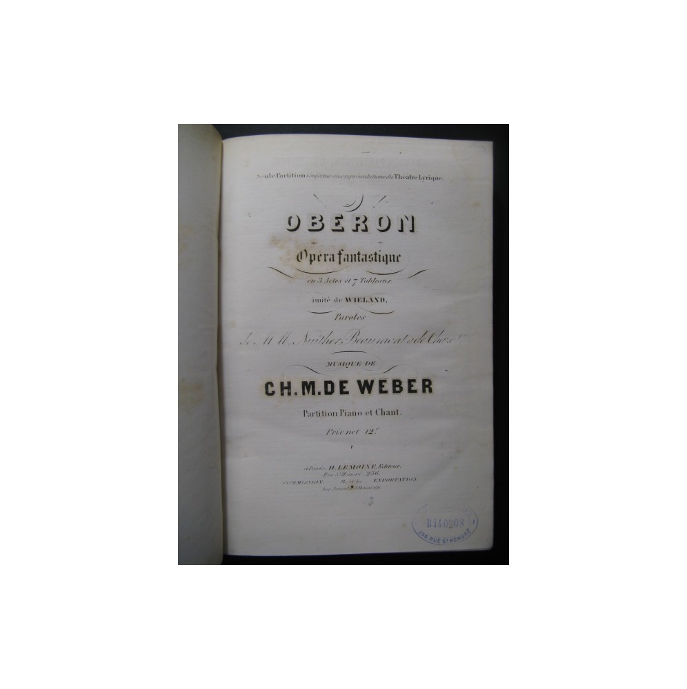 WEBER Obéron Opera Chant Piano ca1850