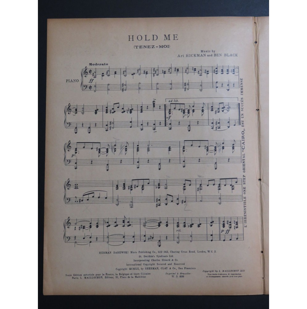 HICKMAN Art. and BLACK Ben Hold Me Piano 1920