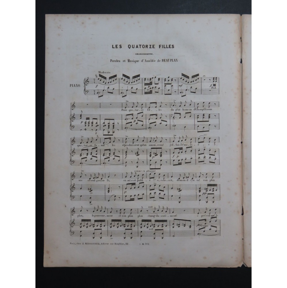 DE BEAUPLAN Amédée Les Quatorze Filles Chant Piano ca1830