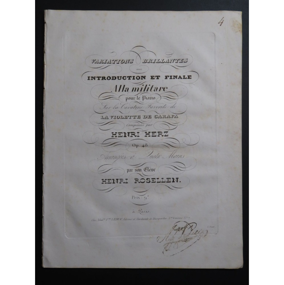 HERZ Henri Variations La Violette de Carafa op 48 Piano 4 mains ca1845