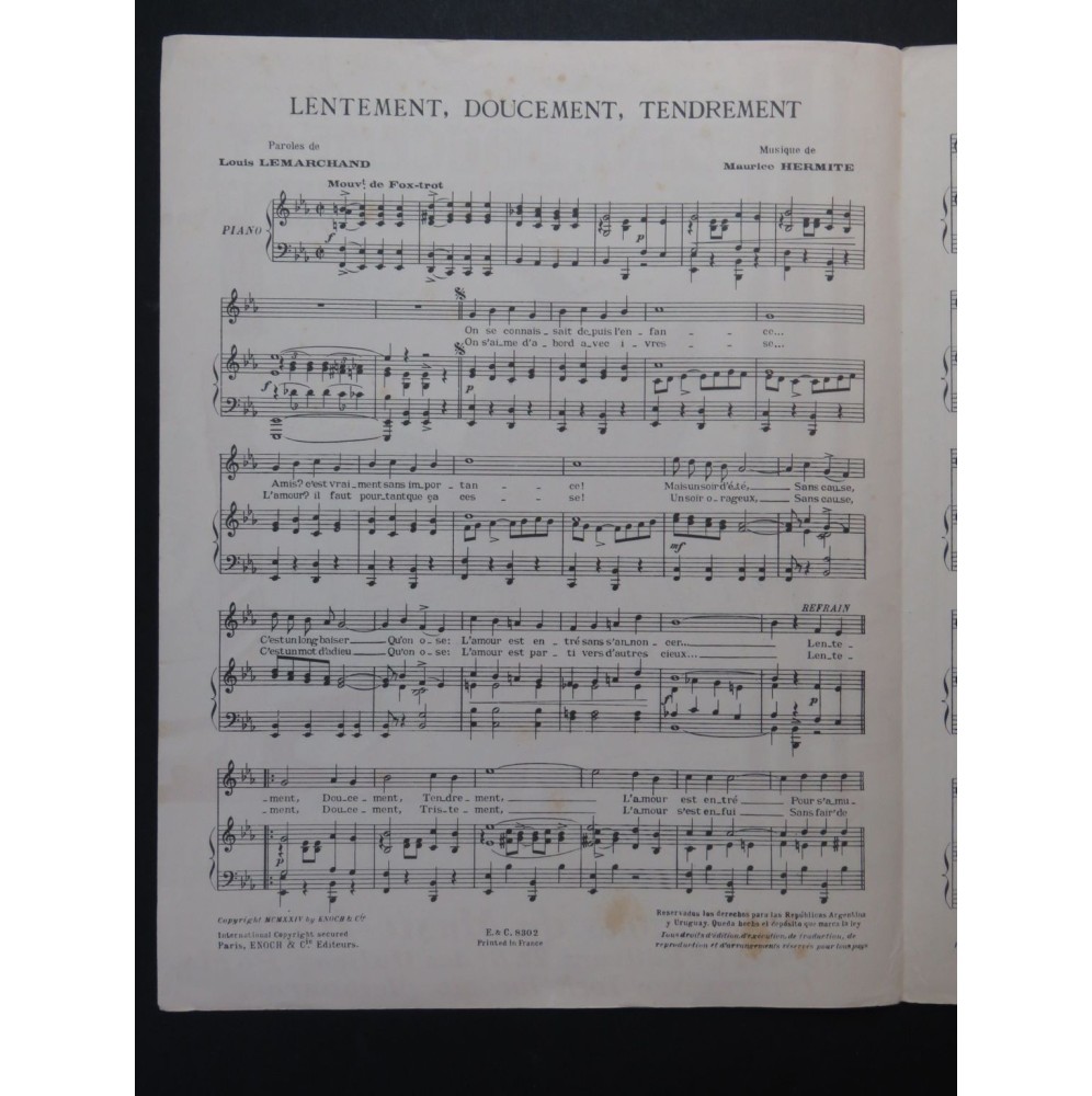 HERMITE Maurice Lentement Doucement Tendrement Chant Piano 1924