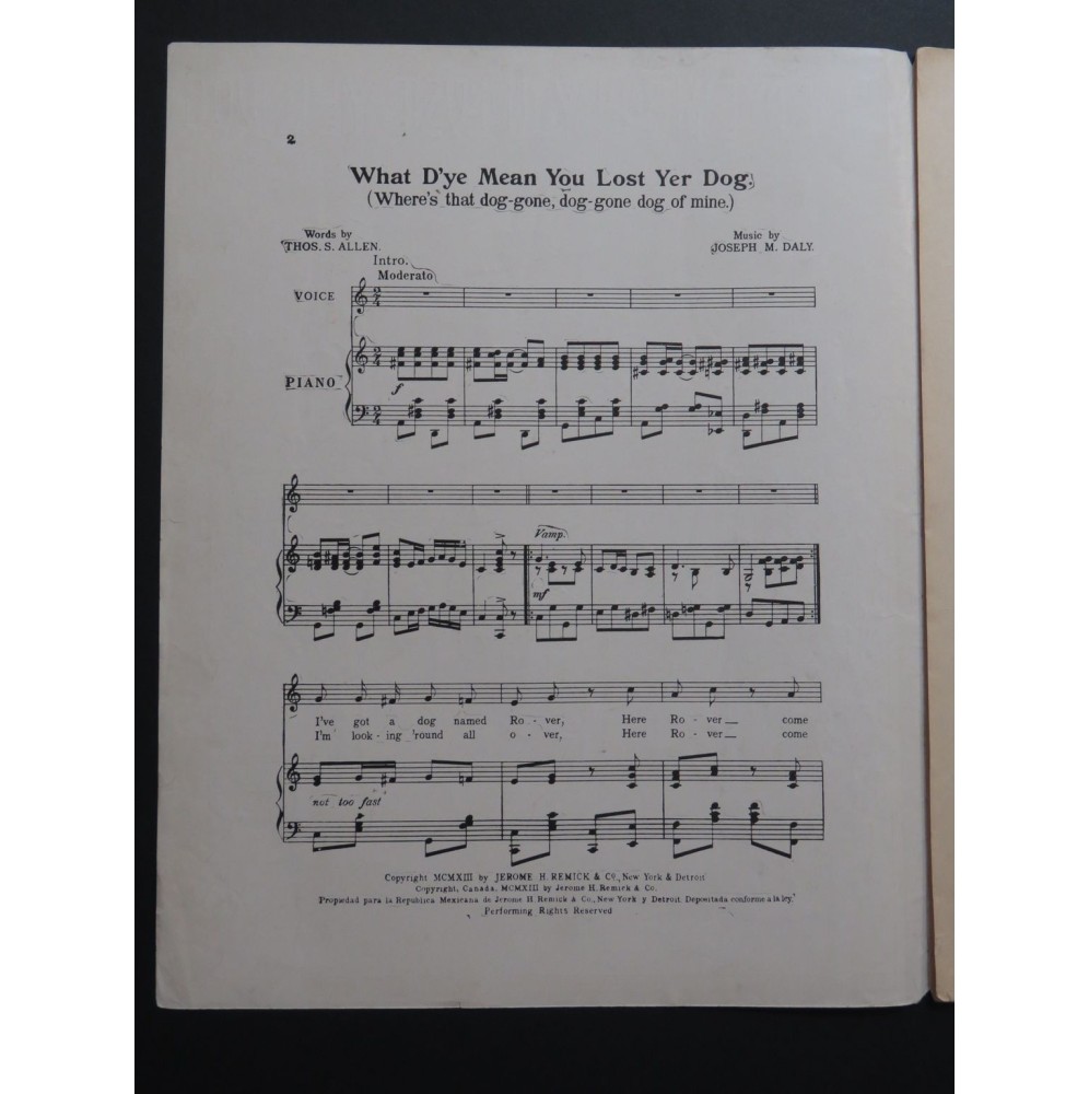 M. DALY Joseph What D'Ye Mean You Lost Dog Chant Piano 1913