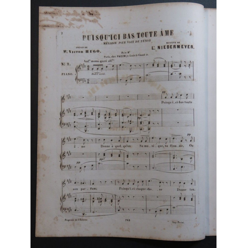 NIEDERMEYER Louis Puisqu'ici bas toute âme Dédicace Chant Piano ca1840