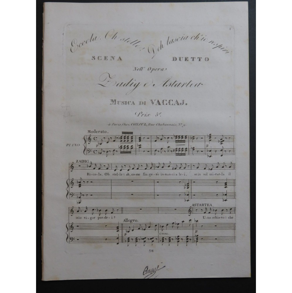 VACCAI Nicola Zadig e Astartea Eccola Oh Stelle Piano Chant ca1825